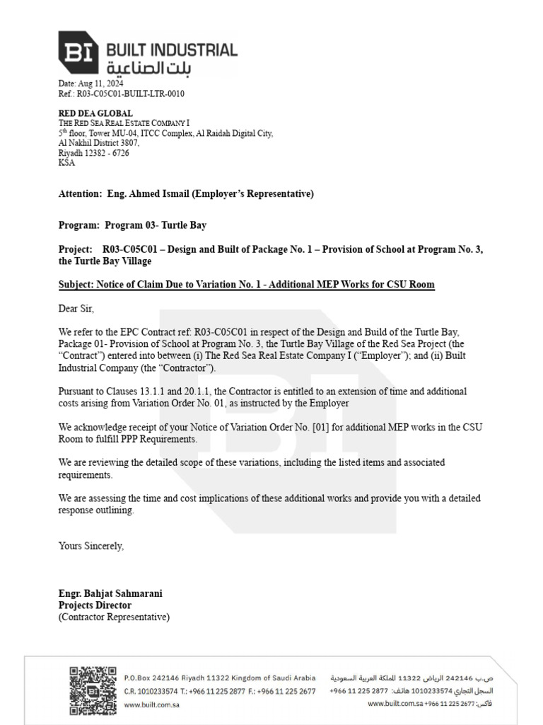 Notice of Claim Due To Variation Order No. 1 - Letter 10 | PDF