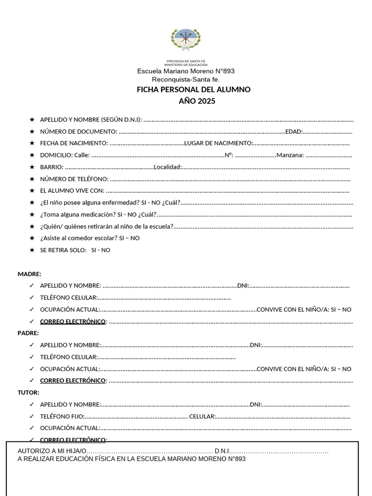 Ficha Personal Alumno Escuela 893 | PDF