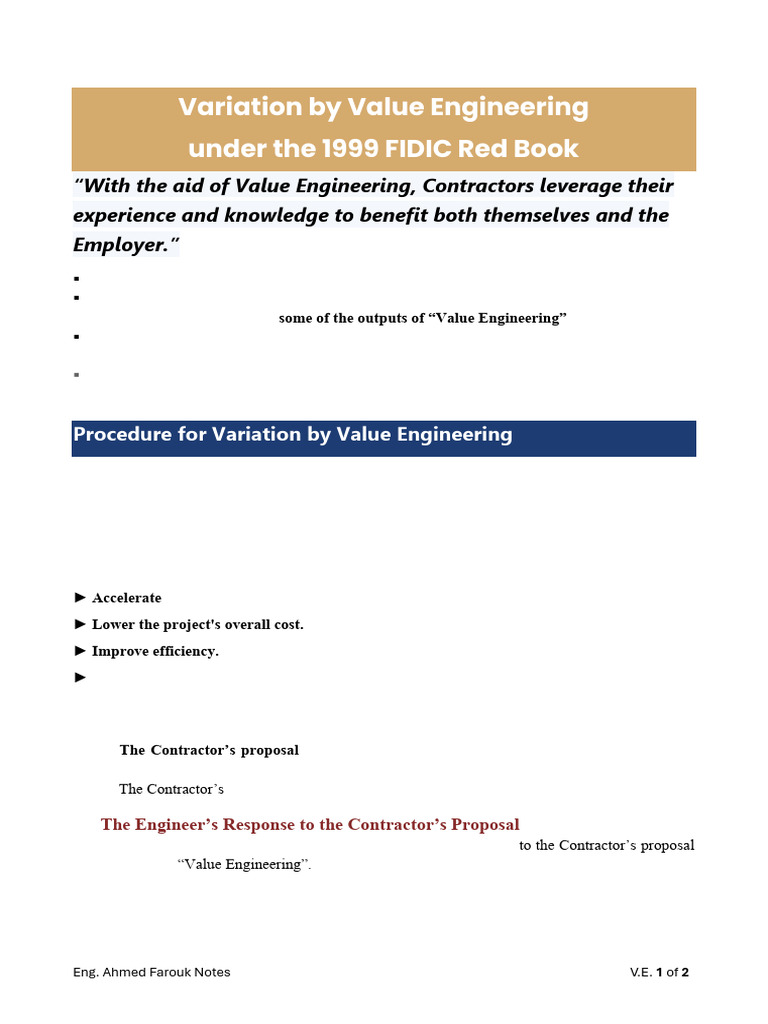 Variation by Value Engineering Under The 1999 FIDIC Red Book | PDF | Specification (Technical ...