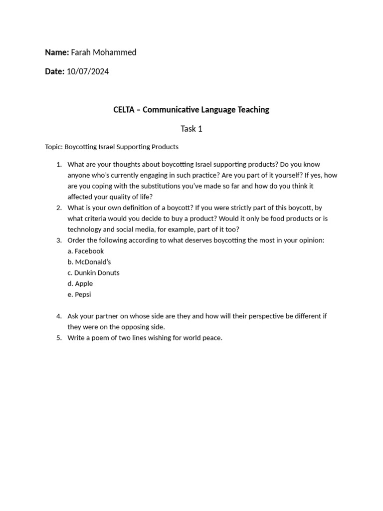 CELTA Task 1 | PDF