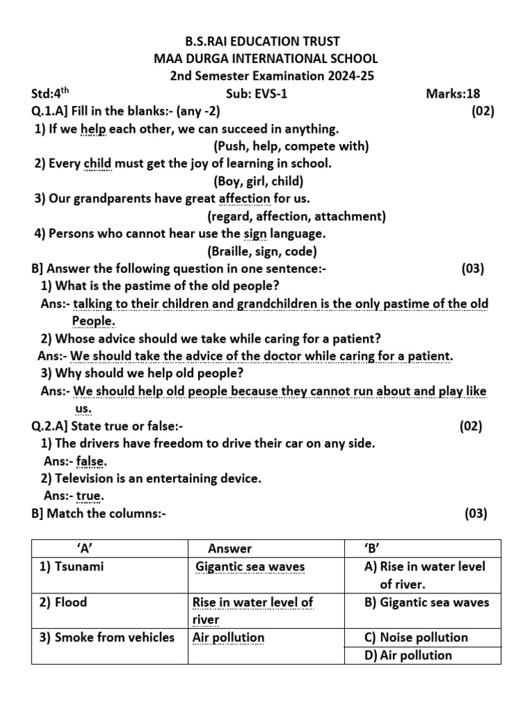 4th STD Evs 1 Set A and Set B | PDF