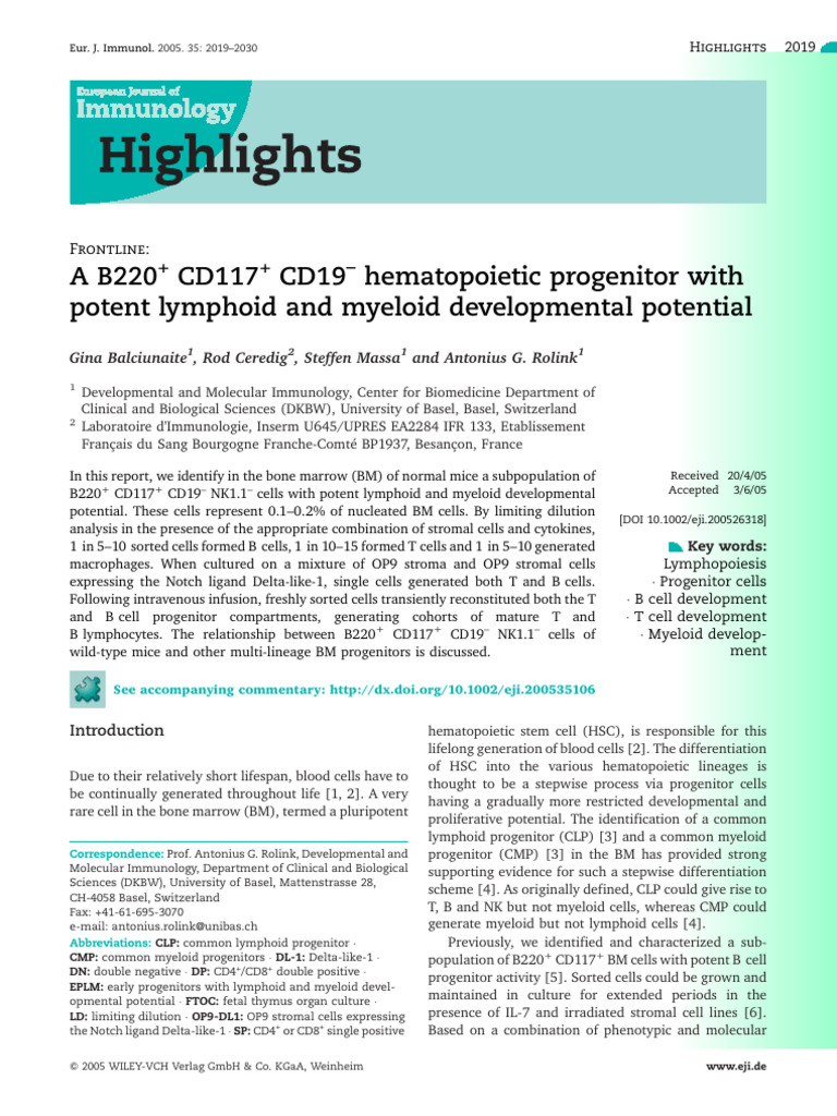 Eur J Immunol - 2005 - Balciunaite - A B220 CD117 CD19 hematopoietic progenitor with potent ...