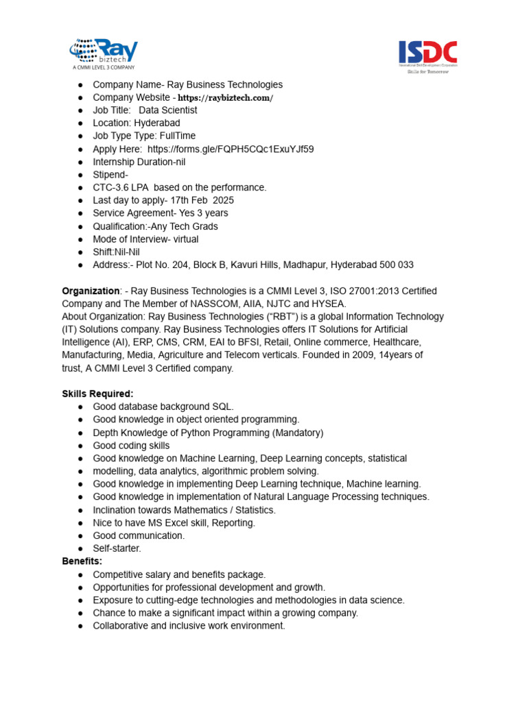 Data Scientist Role at Ray Biz Technologies | PDF