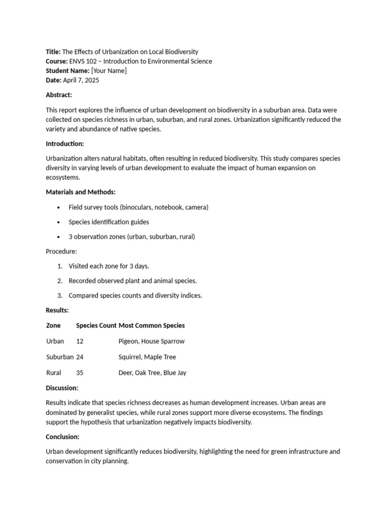 The Effects of Urbanization On Local Biodiversity | PDF