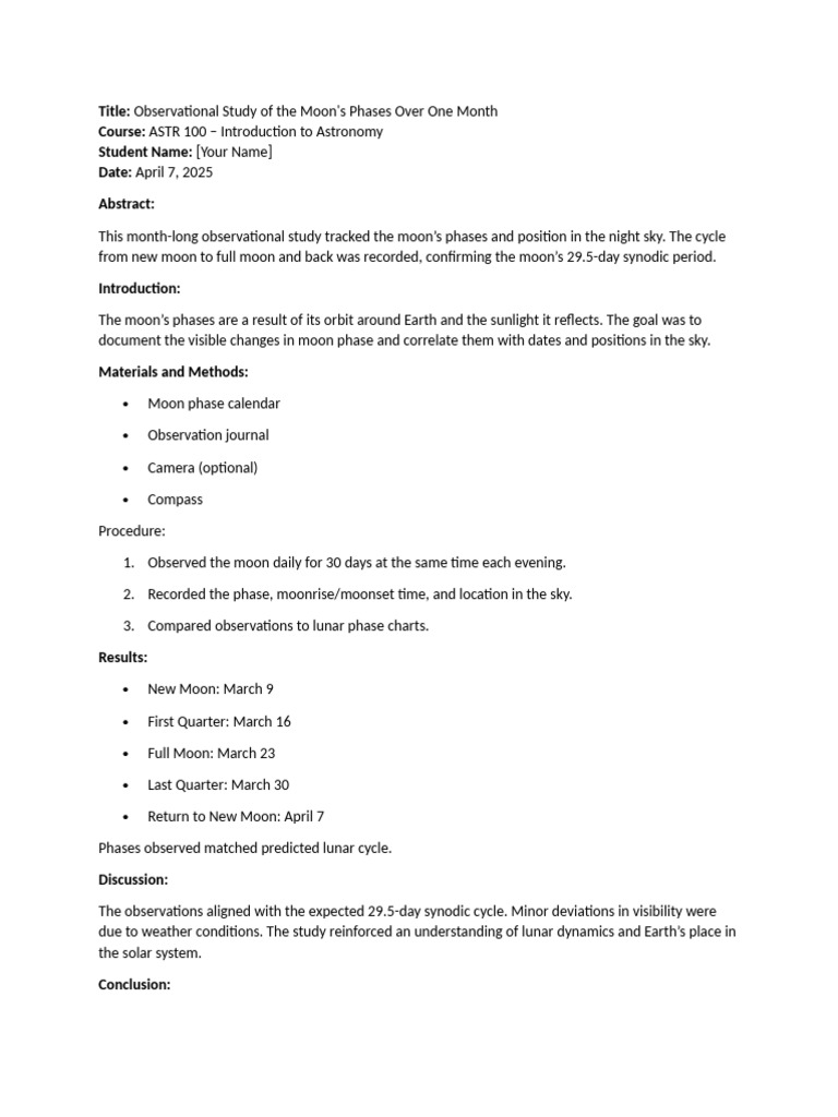 Moon Phase Tracking Over One Month | PDF
