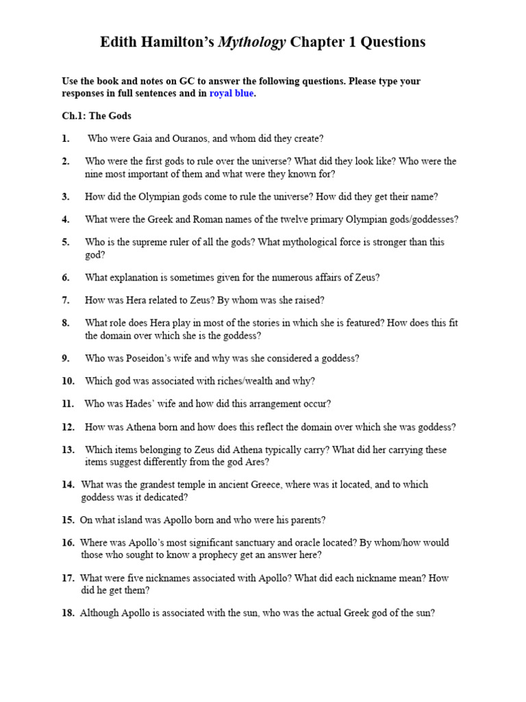 Edith Hamilton’s Mythology Chapter 1 Questions | PDF | Twelve Olympians ...