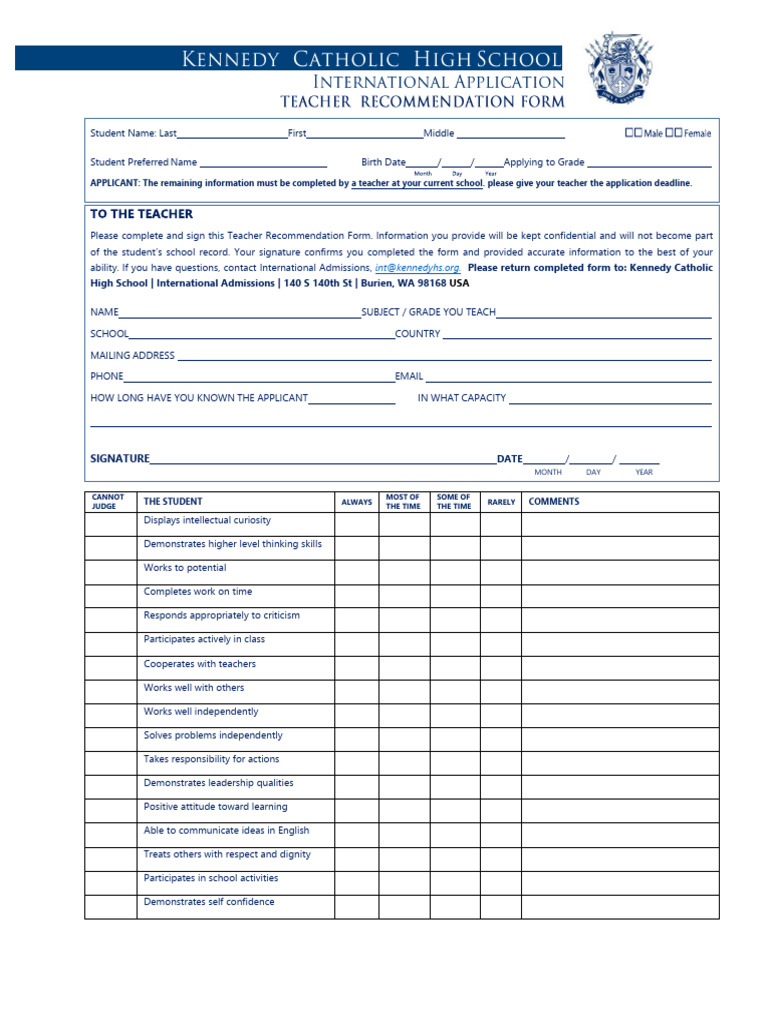 Teacher Recommendation Form | PDF | Psychology | Behavior Modification