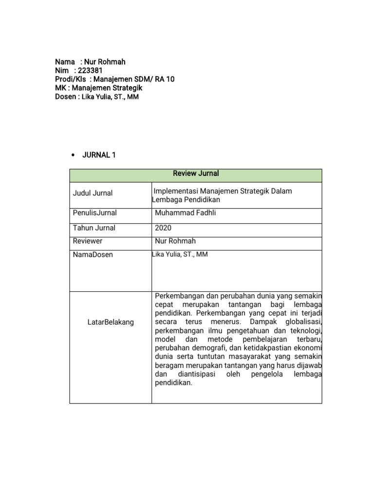 Nur Rohmah - Review Jurnal Manajemen Strategik | PDF