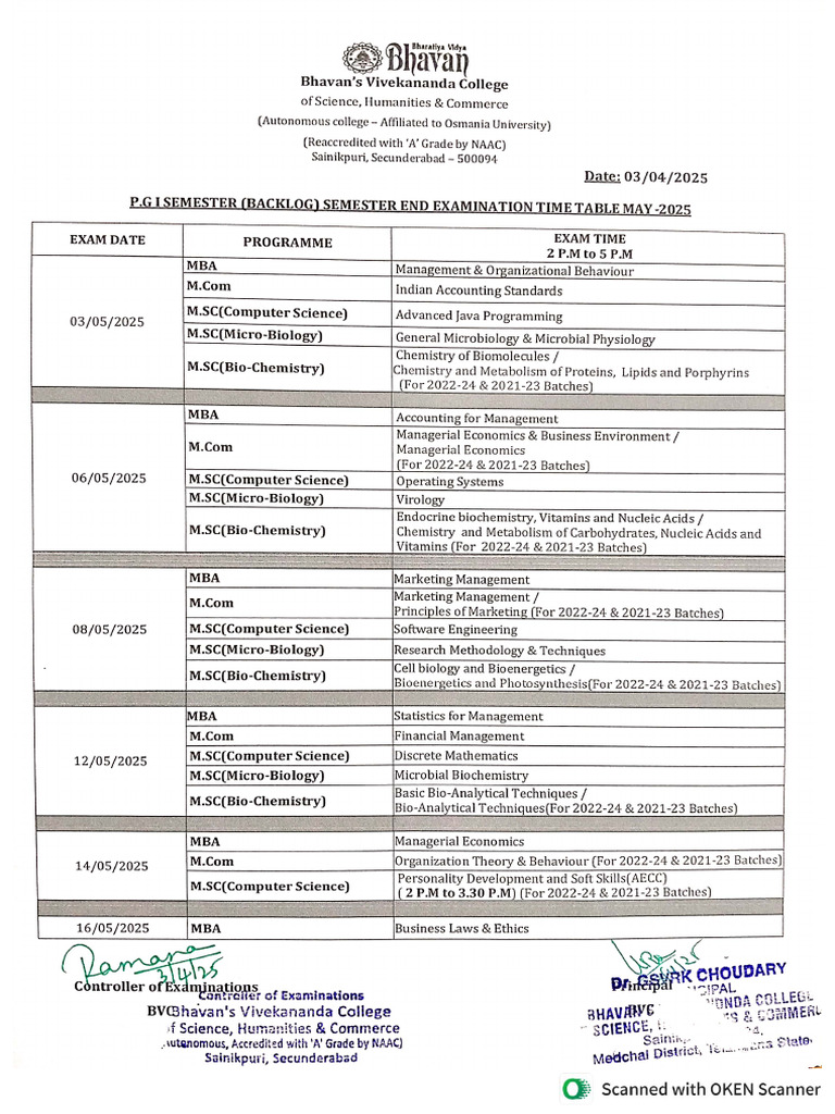 PG 1 Sem SEE Backlog Time Table May-25 | PDF