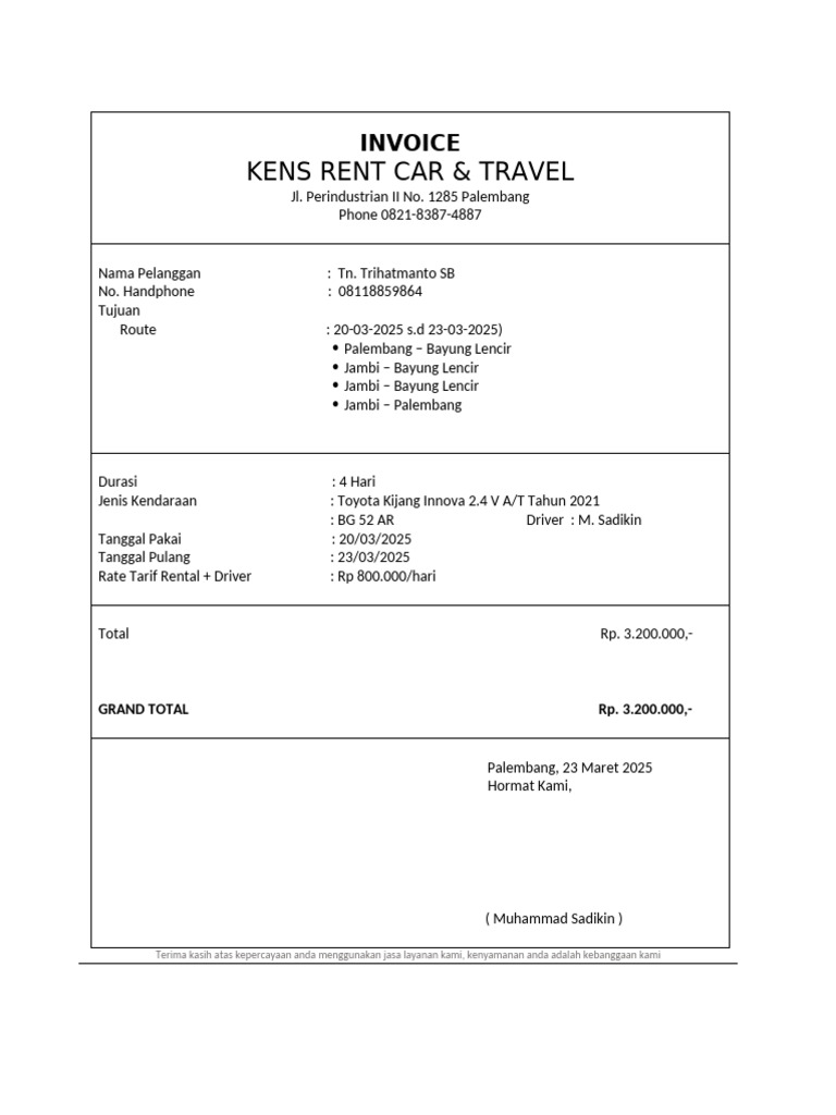 INVOICE Rental Mobil Innova | PDF