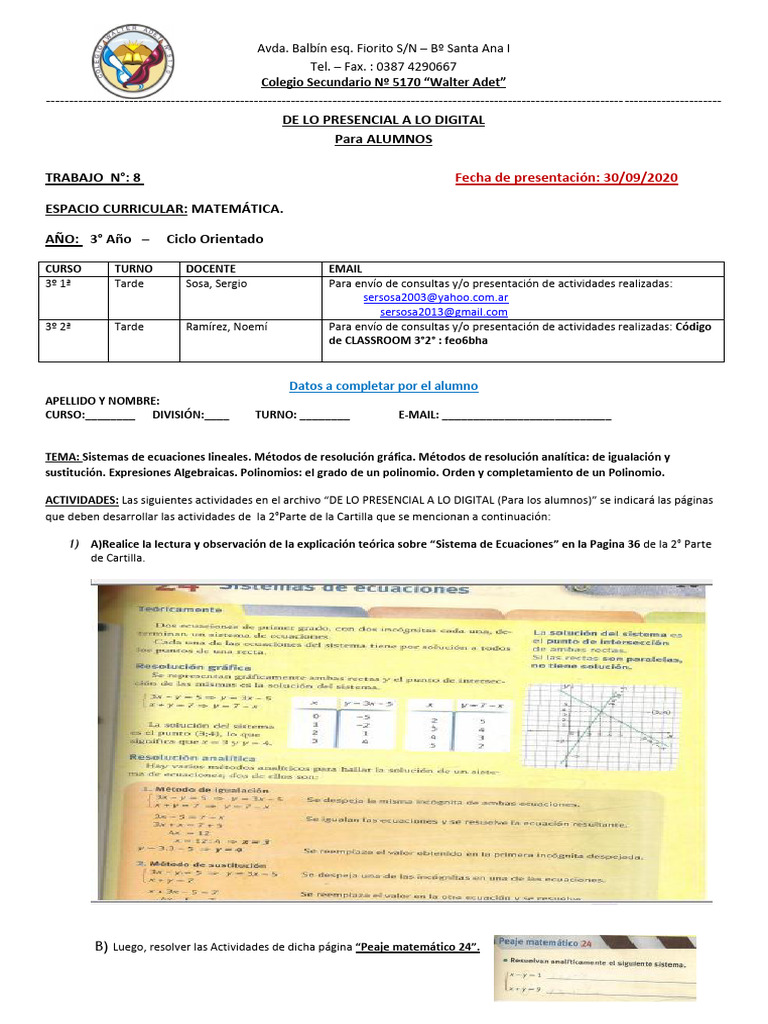 Matematica 3°año-Sist - de Ecuac Etapa 8 | PDF | Ecuaciones | Álgebra