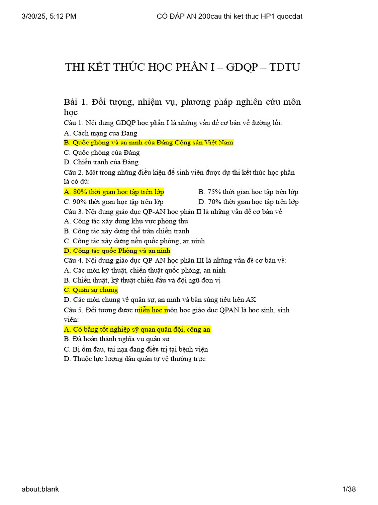 CÓ-ĐÁP-ÁN-200cau-thi-ket-thuc-HP1-quocdat | PDF