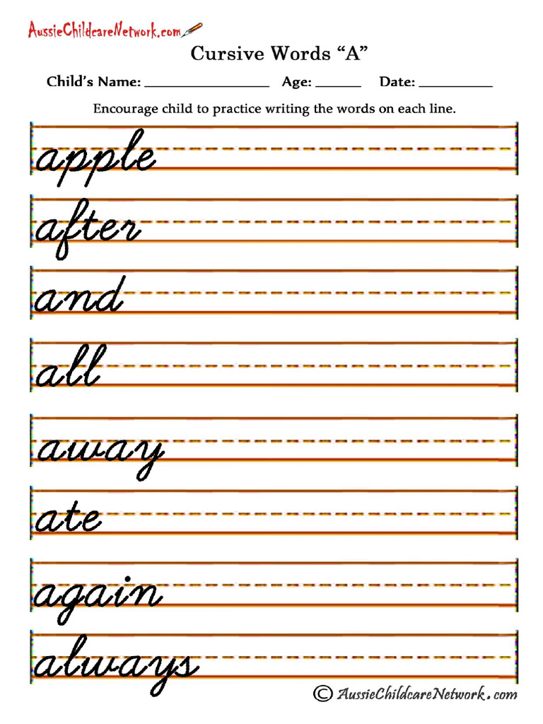 Cursive Words A | PDF