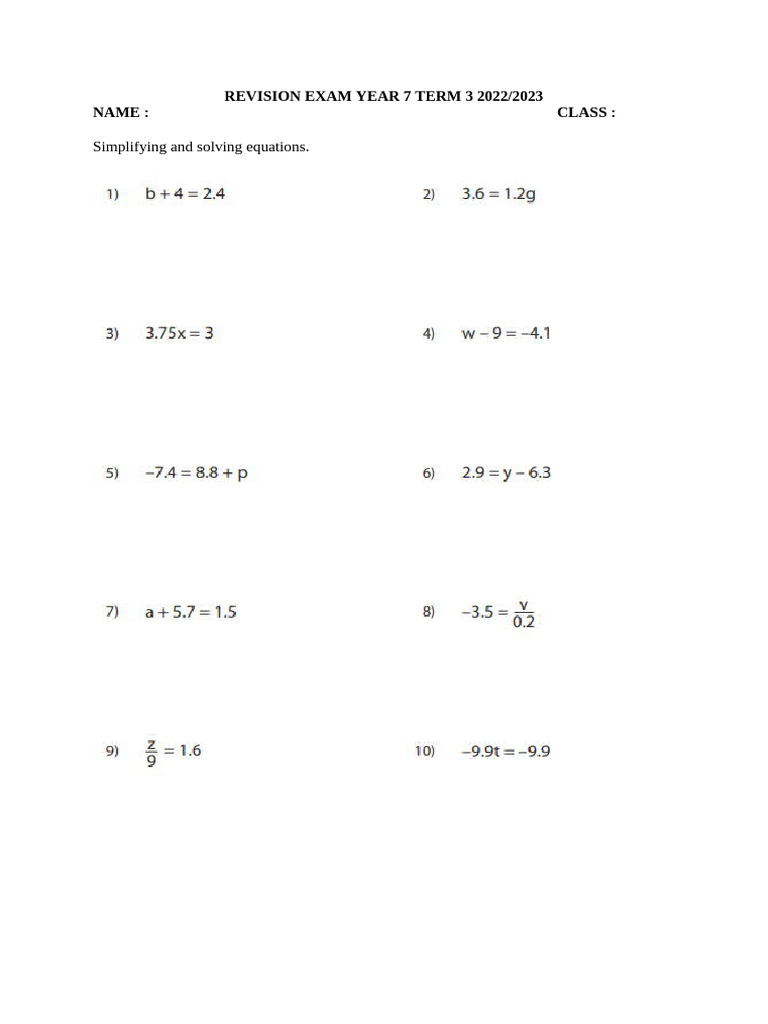 REVISION EXAM YEAR 7 (algebra) | PDF
