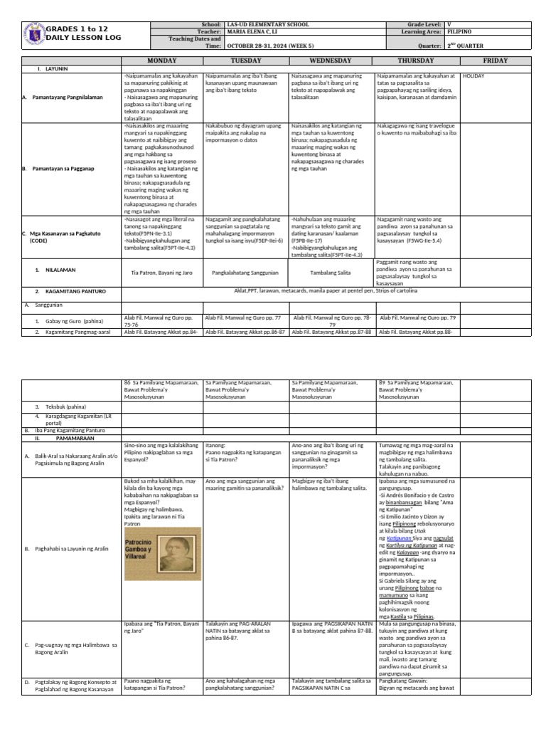 DLL_FILIPINO 5_Q2_W5 | PDF
