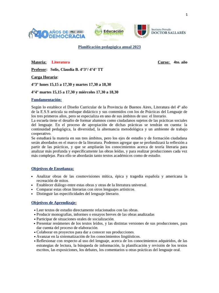 Planificación LITERATURA Cuarto 2023 | PDF | Plan de estudios