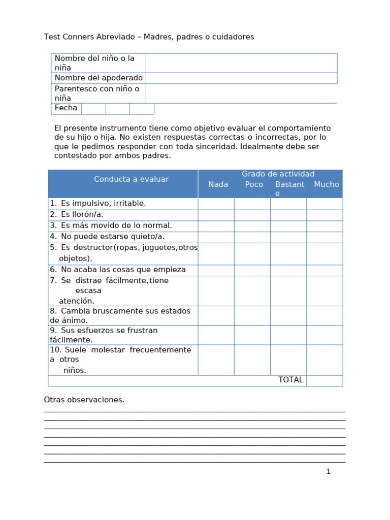 Cuestionario de Conners para Padres | PDF