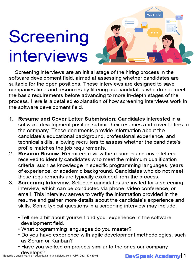 Software Development Screening Interviews | PDF | Résumé | Recruitment