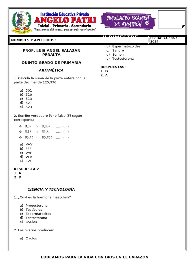 6 SIMULACRO PRIMARIA MATEMÁTICA - 5to Grado - CyT y Aritmética | PDF