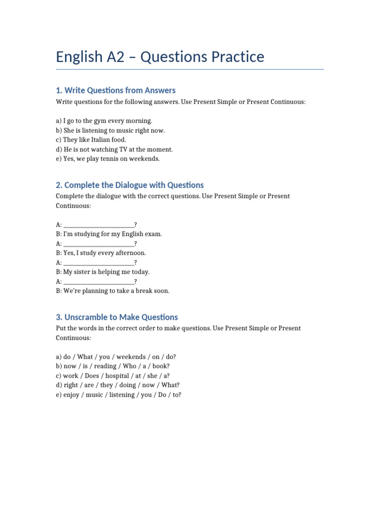 English A2 Questions Practice | PDF