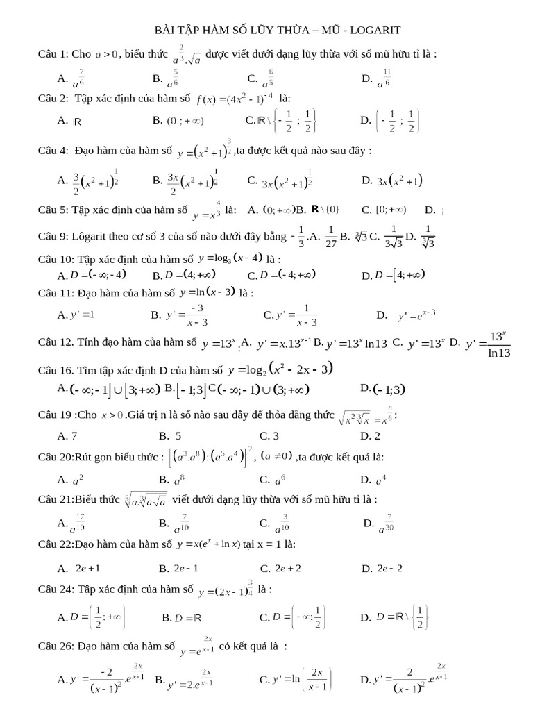 BÀI TẬP HÀM SỐ LŨY THỪA- PTM-LOGA (1) | PDF