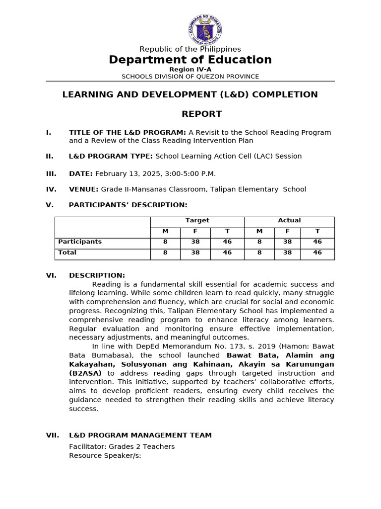 Reading Completion Report | PDF | Teachers | Literacy