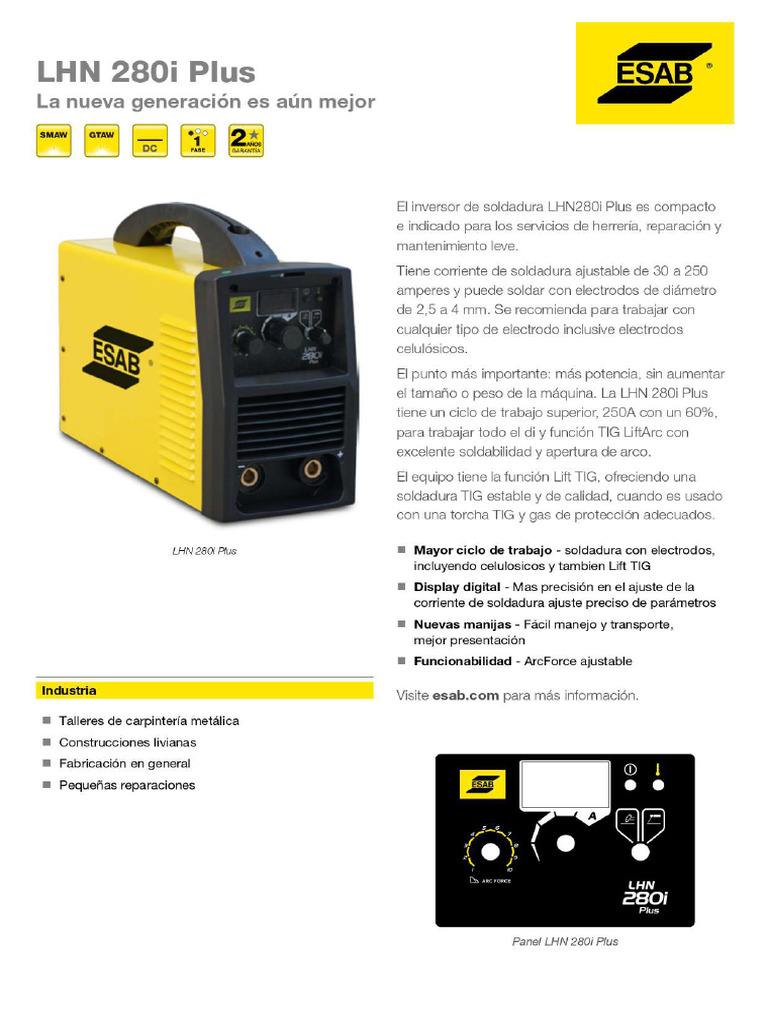 FICHA TECNICA EQUIPO SOLDADOR ESAB-LHN-280i | PDF