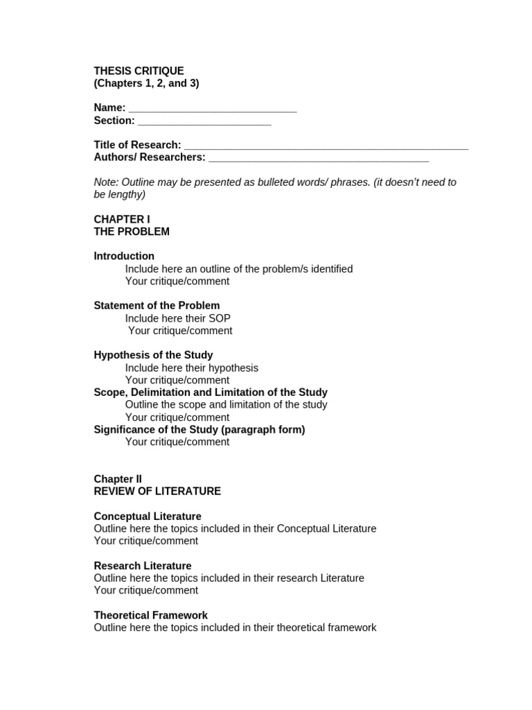 Thesis Critique Outline: Chapters 1-3 | PDF