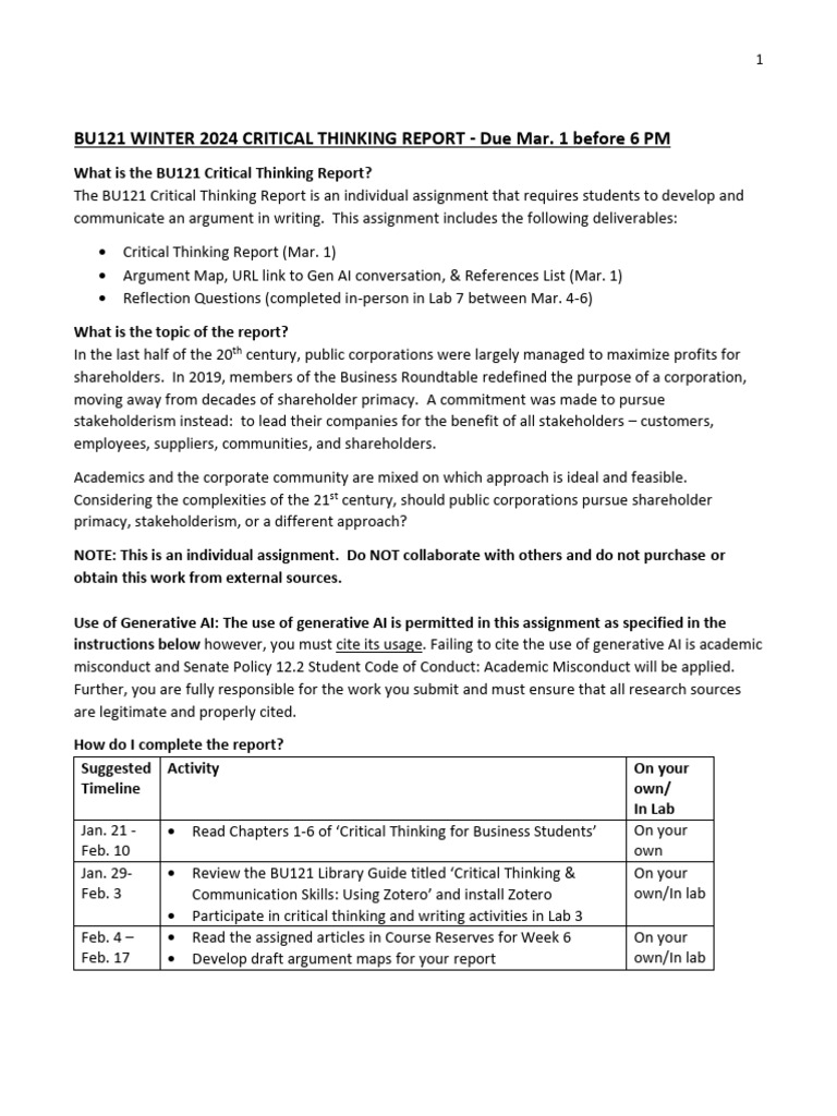 BU121 W24 Critical Thinking Report Instructions and Rubric FC | PDF ...