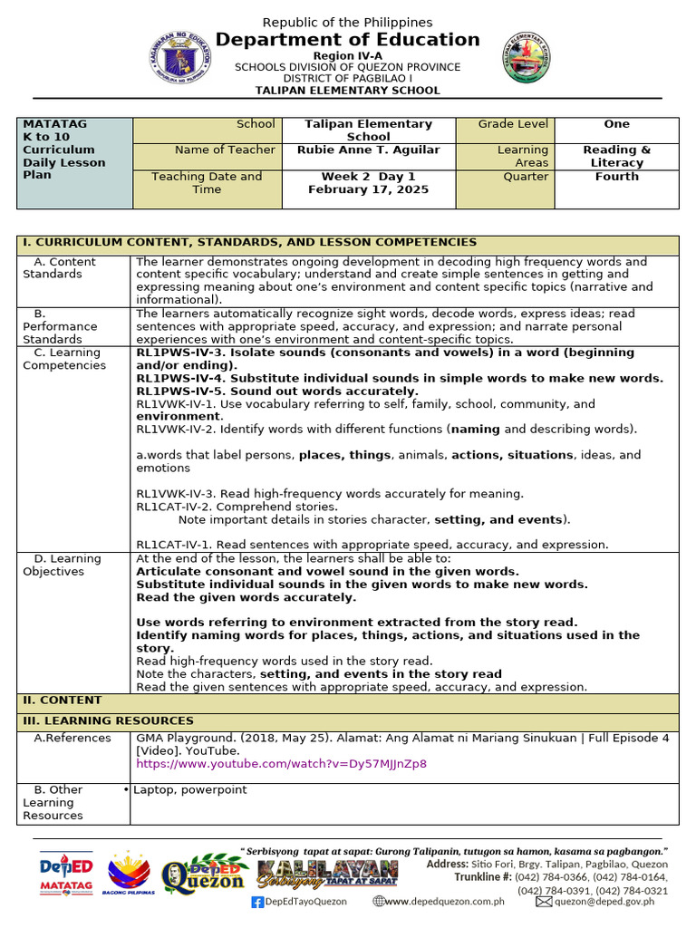 Grade 1 Reading Lesson Plan | PDF | Learning | Linguistics