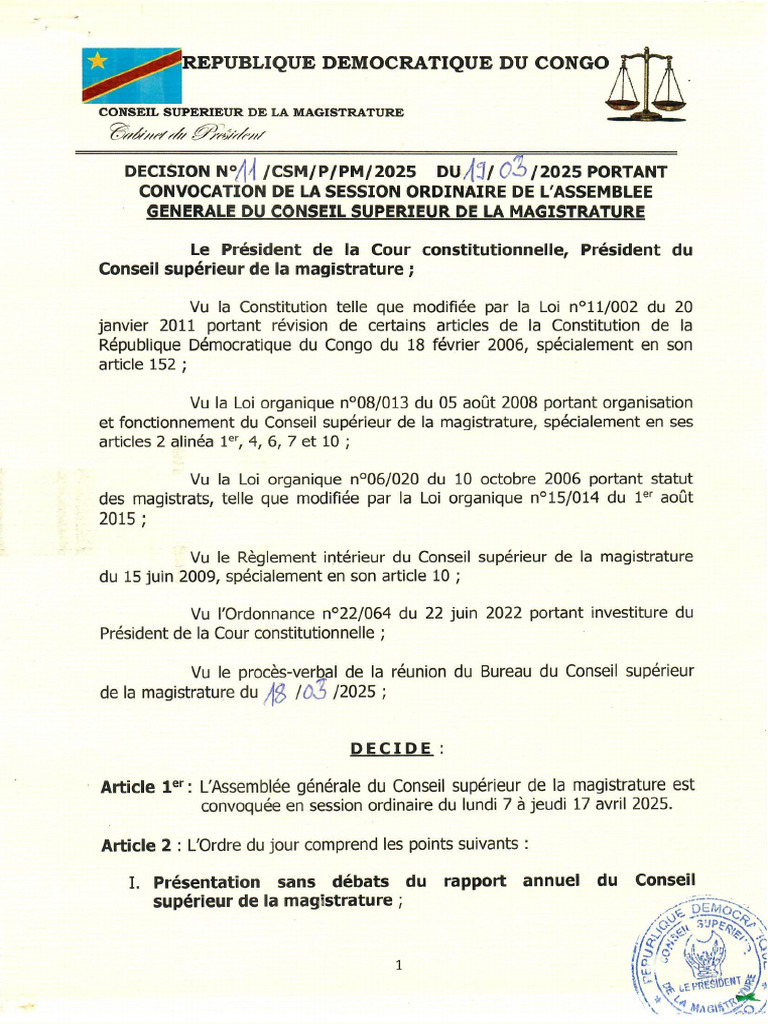 Décision N°11 CSM P PM 2025 Du 19 03 2025 Portant Convocation de La ...
