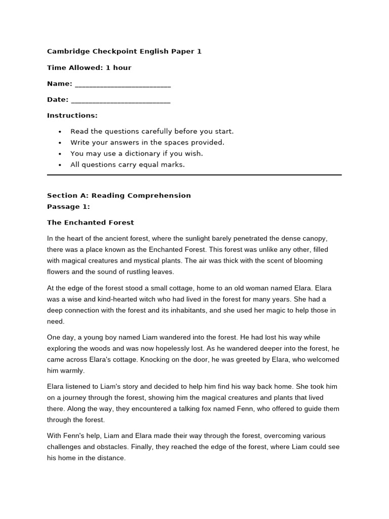Cambridge Checkpoint English Paper 1 | PDF