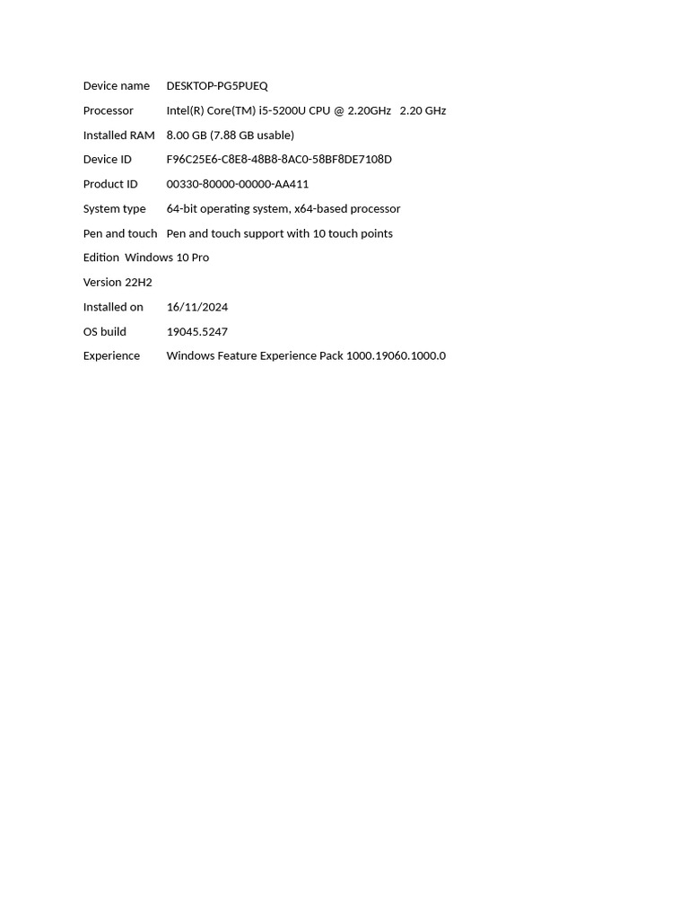 Windows 10 Pro System Specifications | PDF