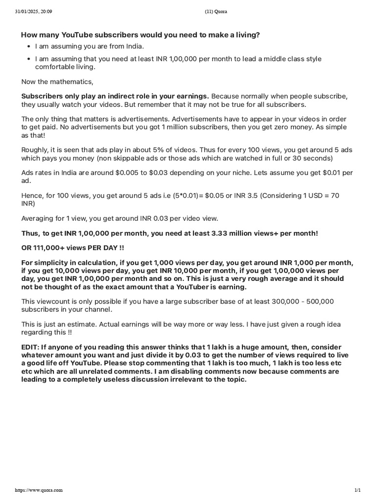 YouTube Earnings and Subscriber Needs | PDF | You Tube