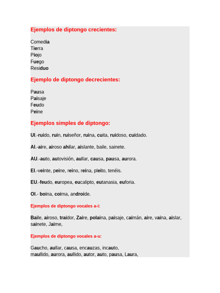 Ejemplos de Diptongo Crecientes:: Ia Ie Io Ue Duo | PDF