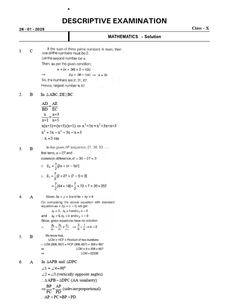 Descriptive Exam Answer Key Class X (CBSE) 19-01-2025 | PDF | Sphere | Analytic Geometry