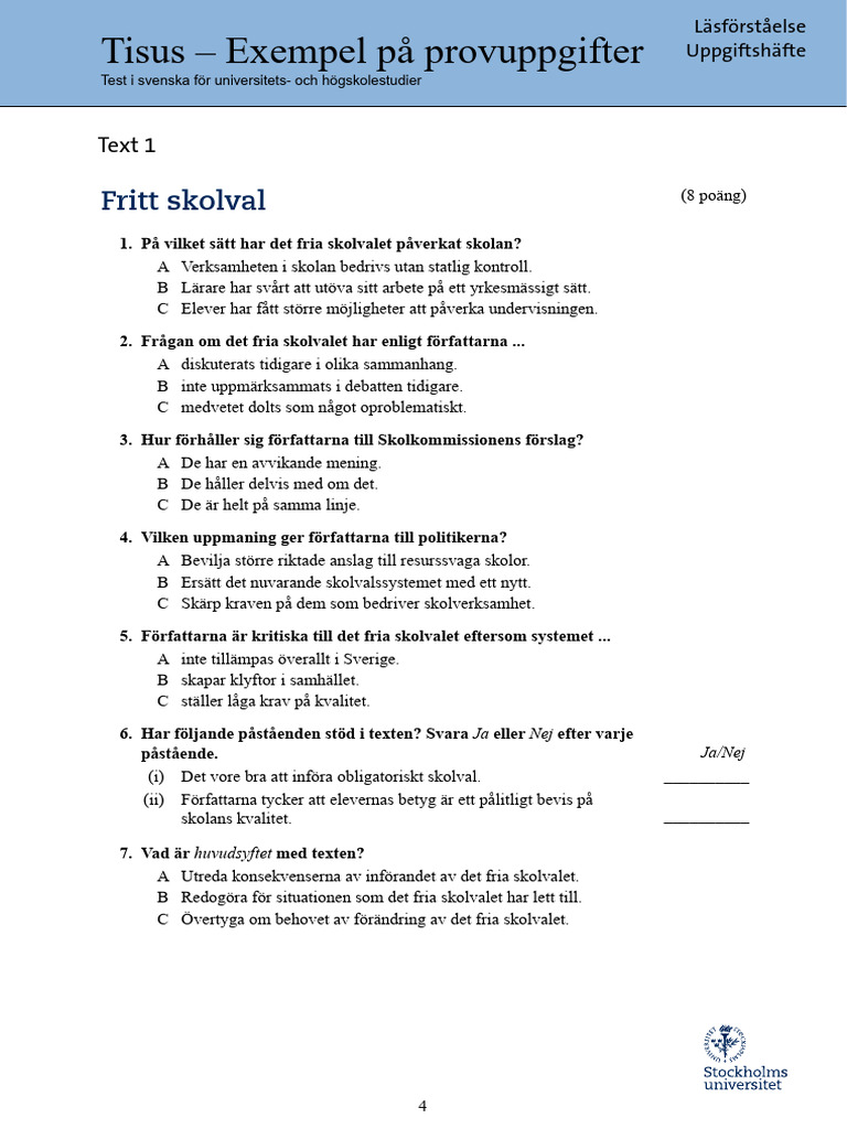 Delprov 1 Läsförståelse Tisus Exempel På Uppgifter (1) - 4-6 | PDF