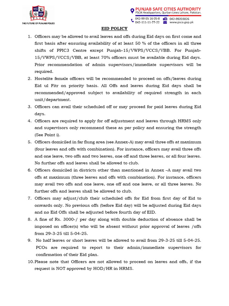 EID POLICY (Eid Ul Fitr 2025) | PDF | Justice | Crime & Violence
