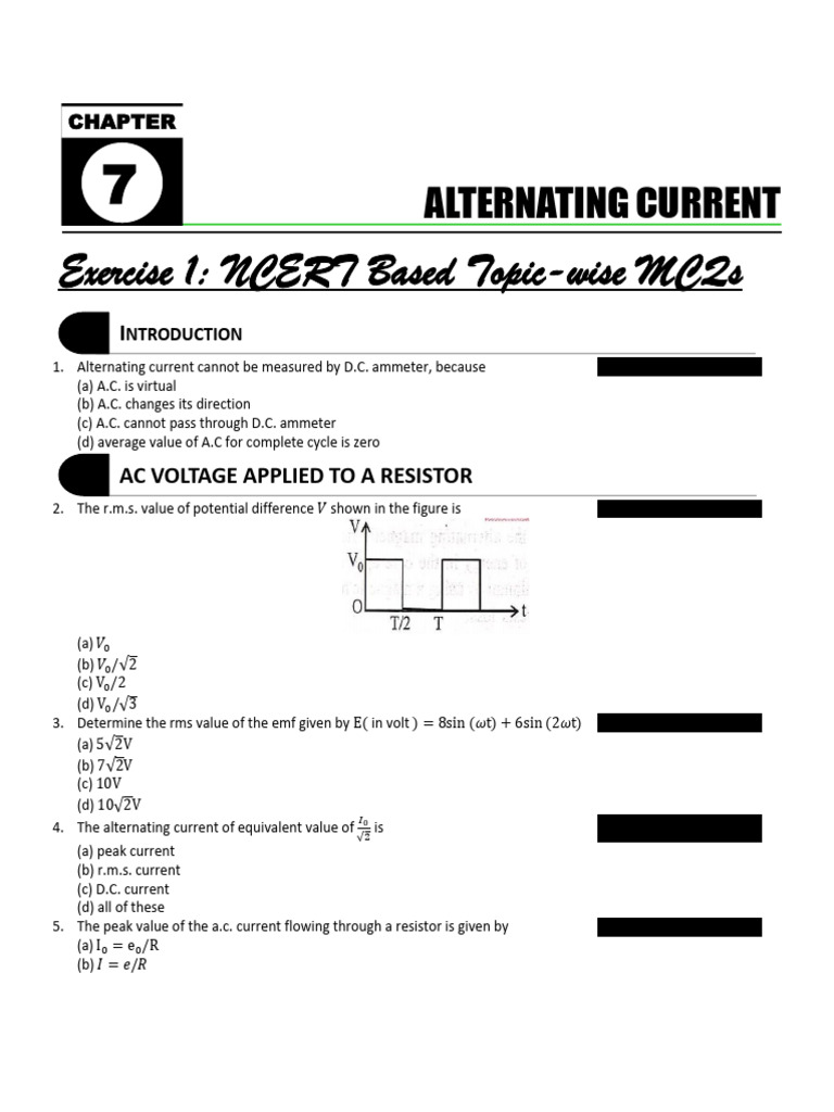 Alternating Current - NCERT - Worksheet | PDF | Transformer | Inductor