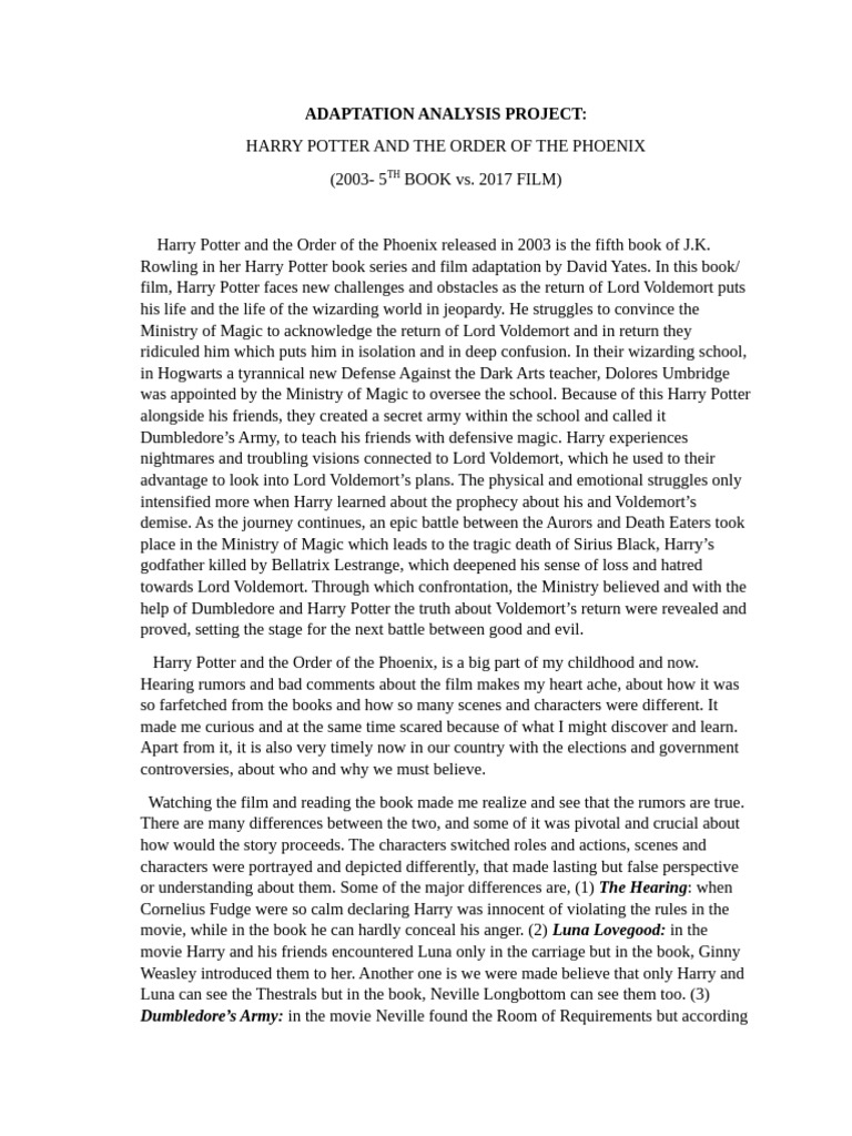 Adaptation Analysis Project - Literary Criticism | PDF | J. K. Rowling ...