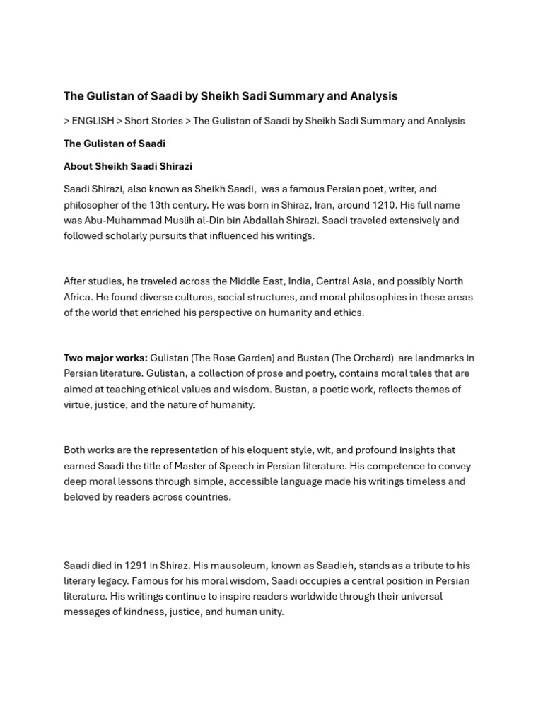 The Gulistan of Saadi by Sheikh Sadi Summary and Analysis | PDF