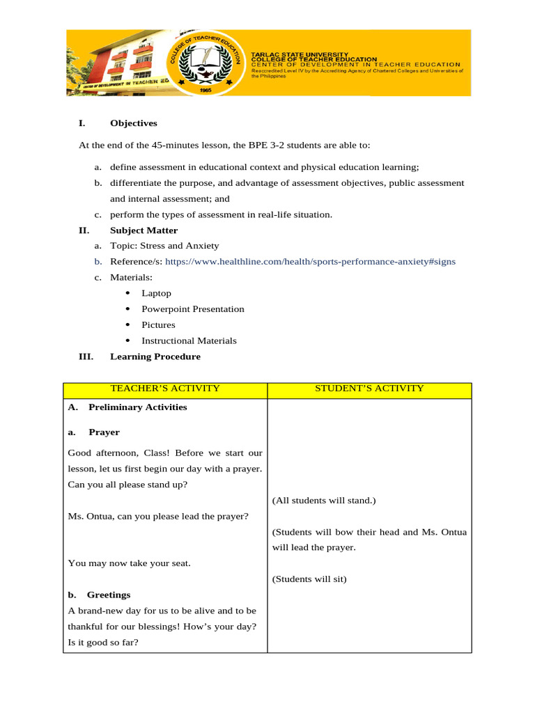 Bped 117 Lesson Plan | PDF | Educational Assessment | Curriculum
