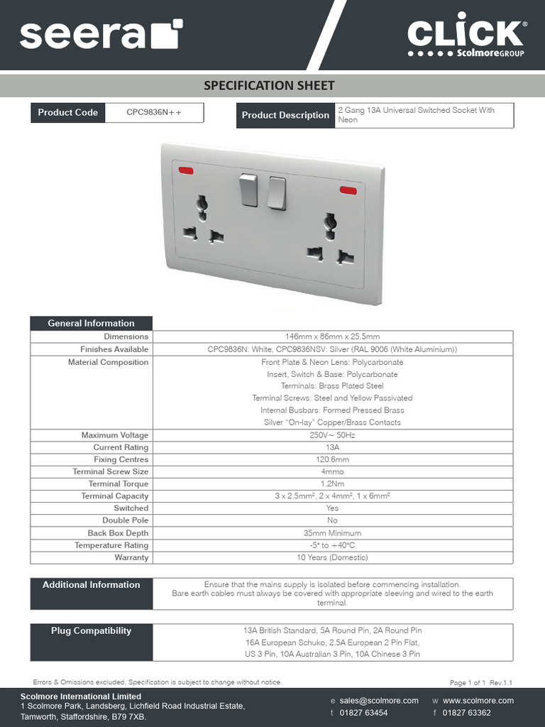 CPC9836N++ - 2 Gang 13A Universal Switched Socket With Neon | PDF | Ac ...