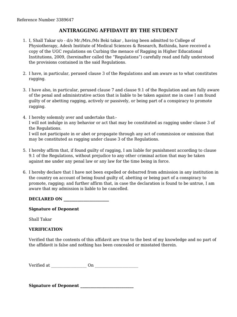 Anti Ragging Affidavit Form | PDF | Affidavit | Justice