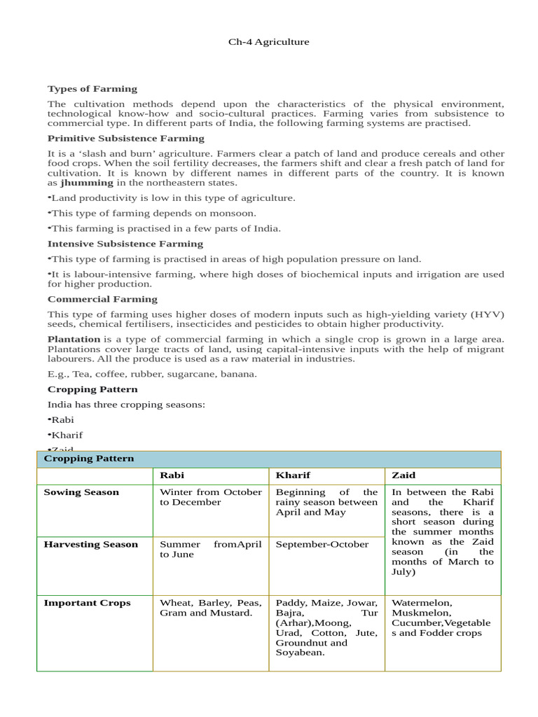 Ch-4 Agriculture Notes (Geo) | PDF | Agriculture | Crops
