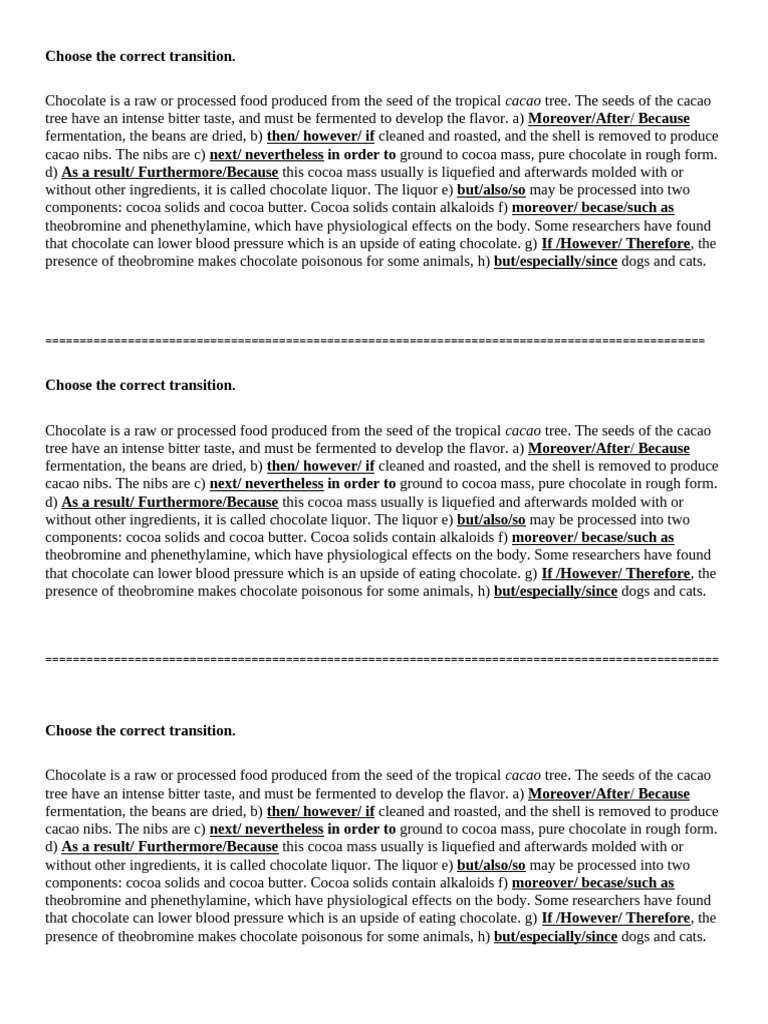 Choose The Correct Transition | PDF | Chocolate | Cocoa Bean