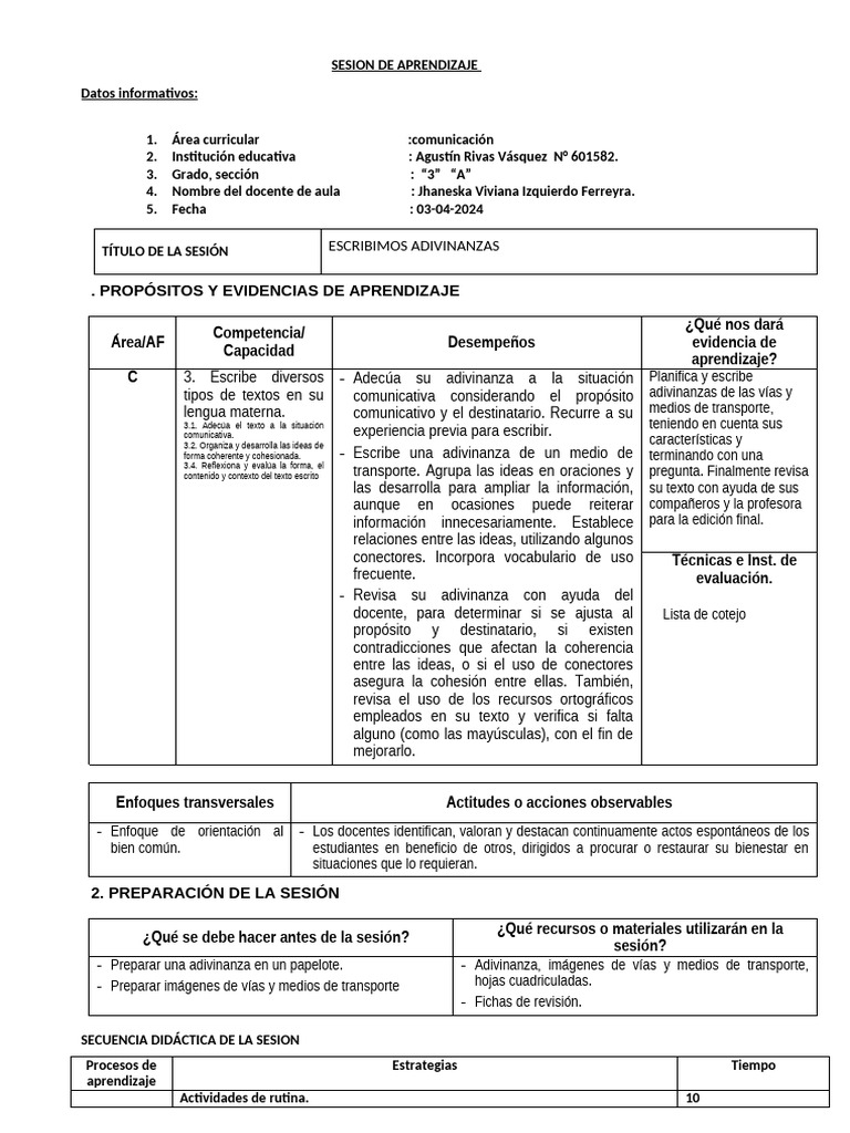 Comunicacion Sesion Escribimos Adivinanzas 3A | PDF | Aprendizaje | Cognición