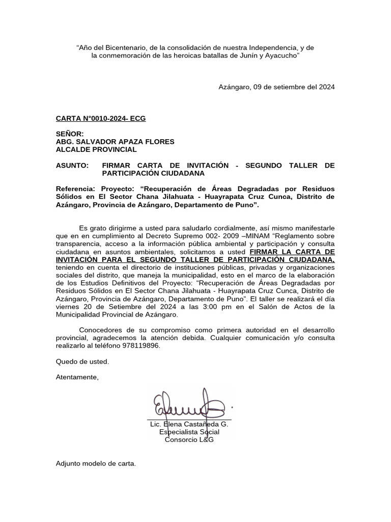 Carta N°010 - Firma de carta para segundo taller de participación ...