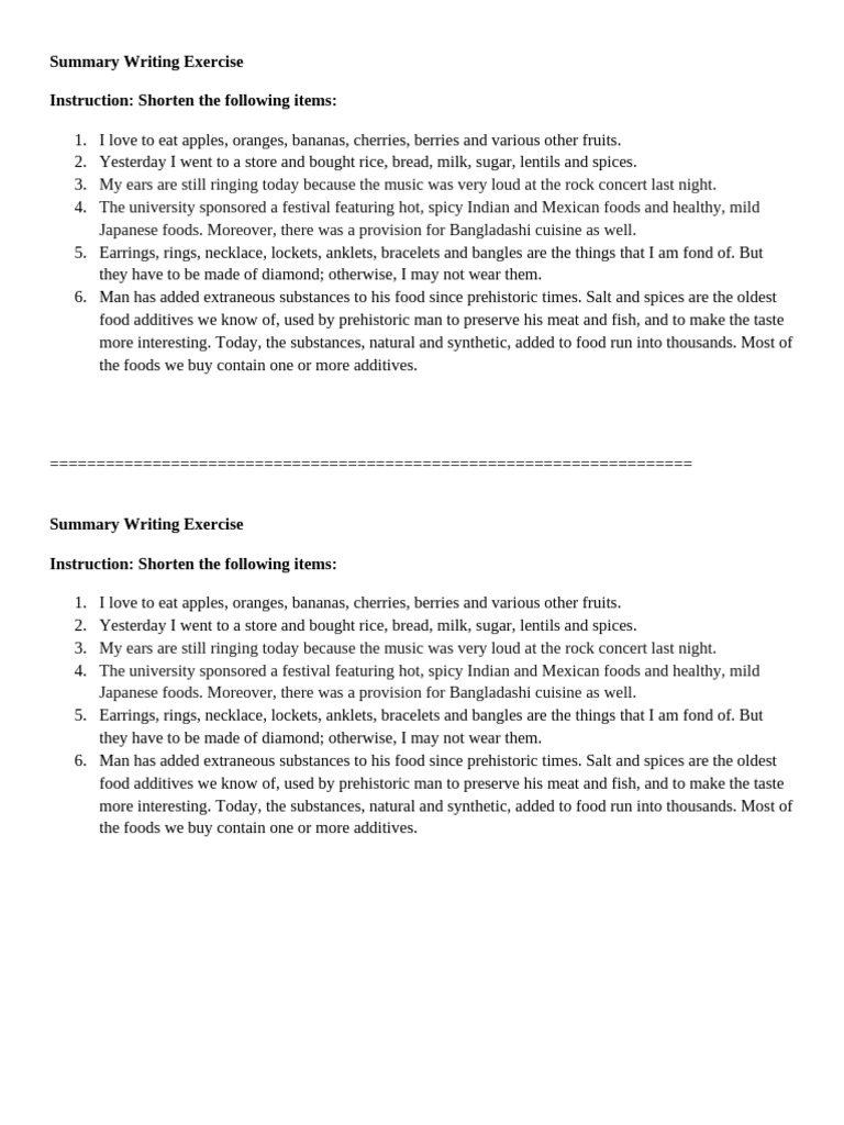 Summary Writing Exercises (Fewer Items) | PDF | Noun | Plural