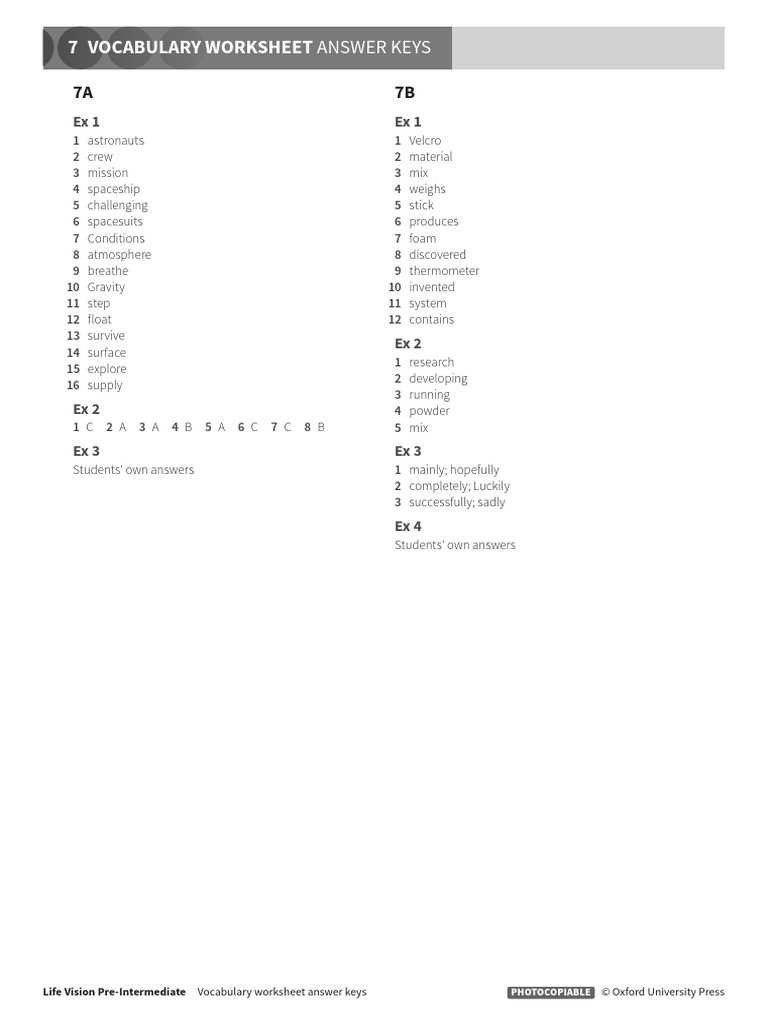 Life Vision Pre-Int Vocab Worksheets U7 AK | PDF
